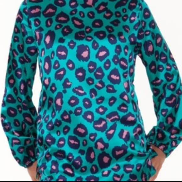 Tops | Purple Teal Animal Print Satin Long Sleeve Blouse | Poshmark